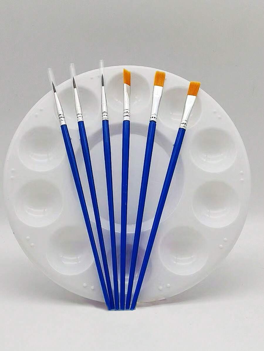 6 Art Brushes+1 Color Palette Set, Nylon Wool Wood Handle Oil Painting ...