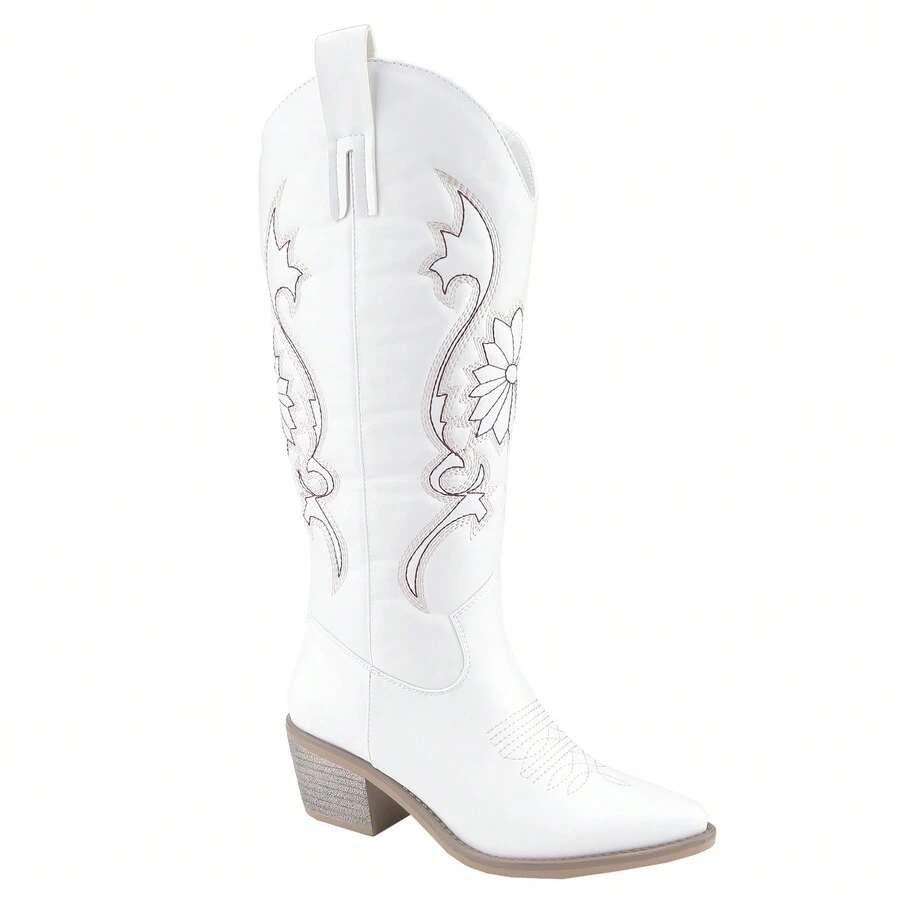 ILLUDE Women Retro Western Wide Calf Embroidered Cowgirl Boots With ...