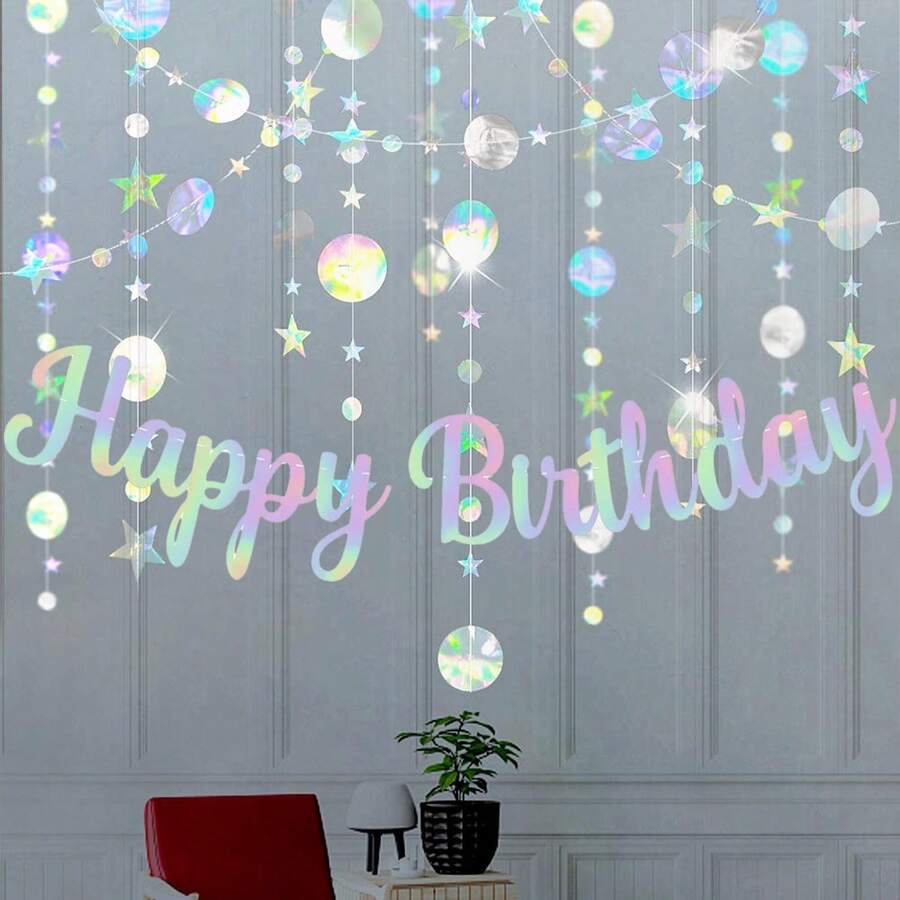 Laser Holographic Rainbow Birthday Pull Flag Banner, Iridescent Round ...