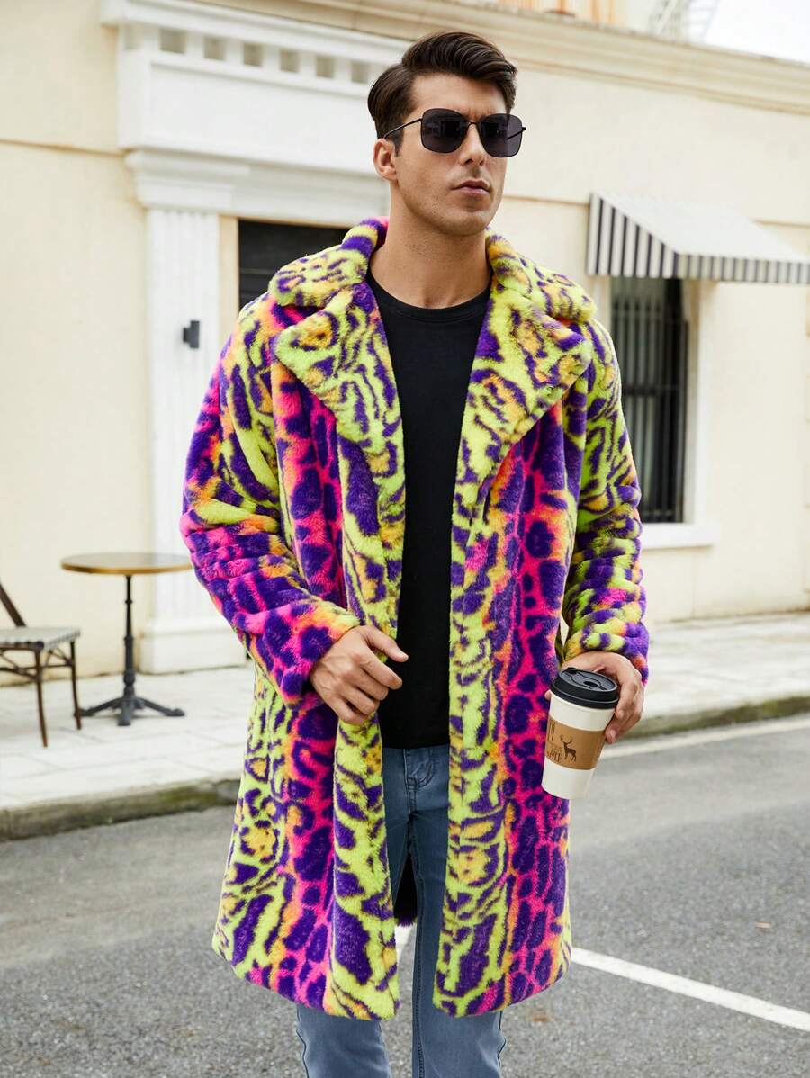 Men's Fluffy Leopard Print Collared Long Coat | SHEIN USA