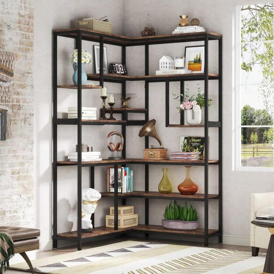 Tribesigns 6-Shelf Corner Bookshelf Rustic Brown Modern Tall Storage ...