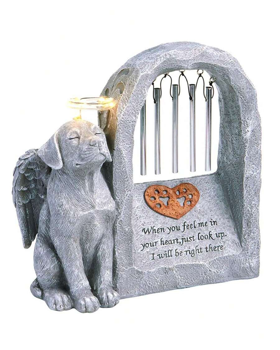 Pet Memorial Statue Solar With Chimes And Lighted Halo Dog Or Cat - Dog ...