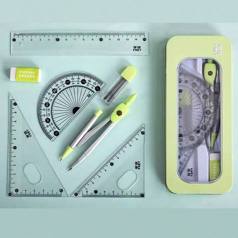 7-Piece Student Geometry Compass And Tools Set, With Metal Storage Box ...