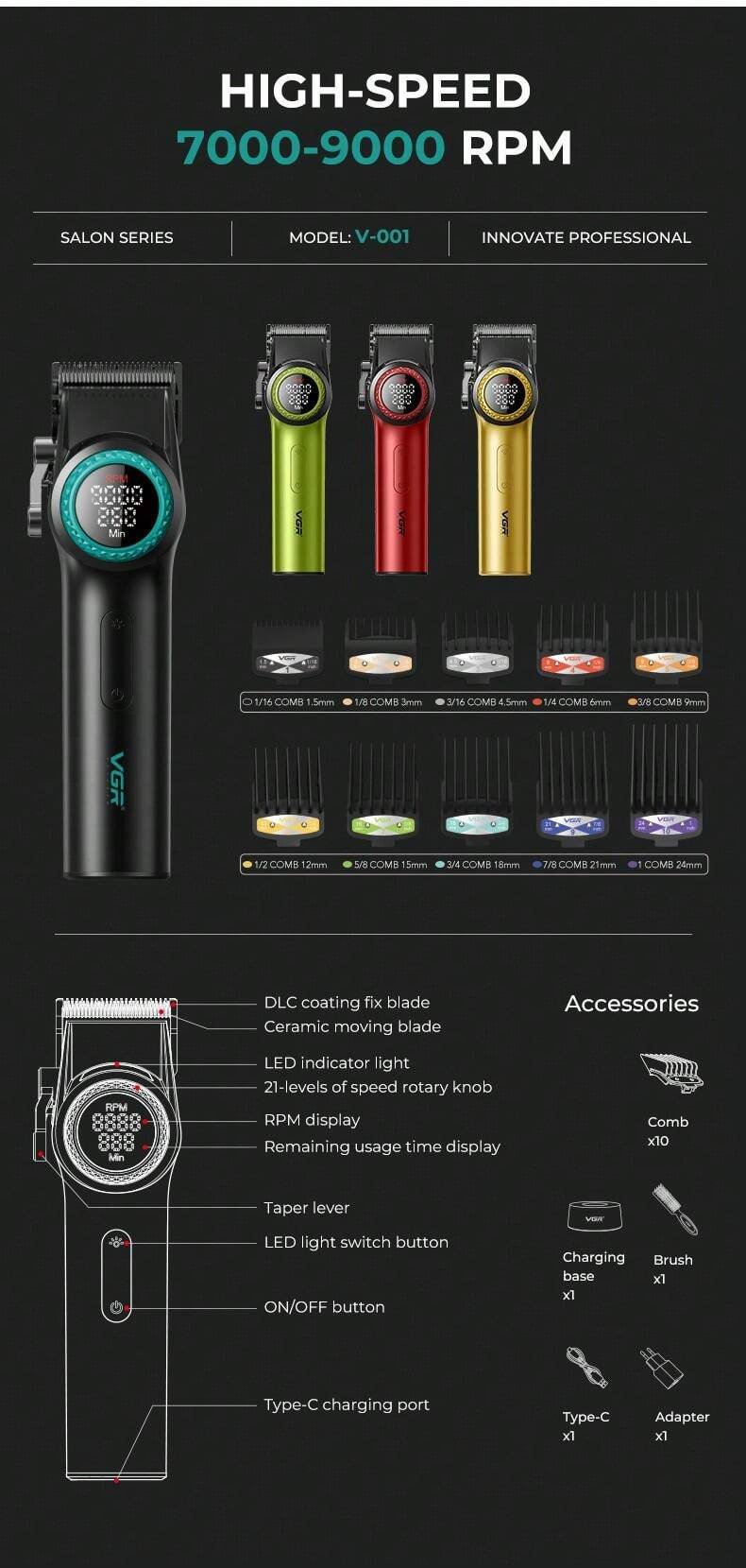 VGR VGR Hair Trimmer 9000RPM Hair Trimmer Cordless Professional Rechargeable 21-Gears Speed ...