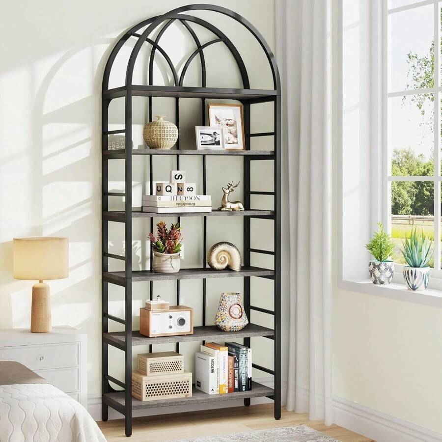 Tribesigns 6-Tier Tall Arched Bookshelf Industrial Metal Open Storage ...