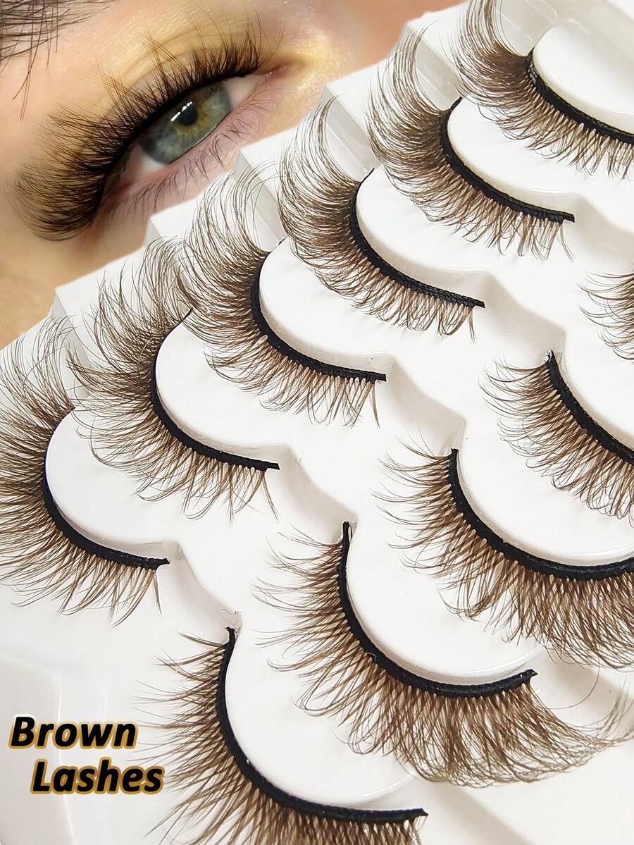 Asiteo 6 Pairs Brown False Eyelashes Manga Natural Looking Slim Fake ...