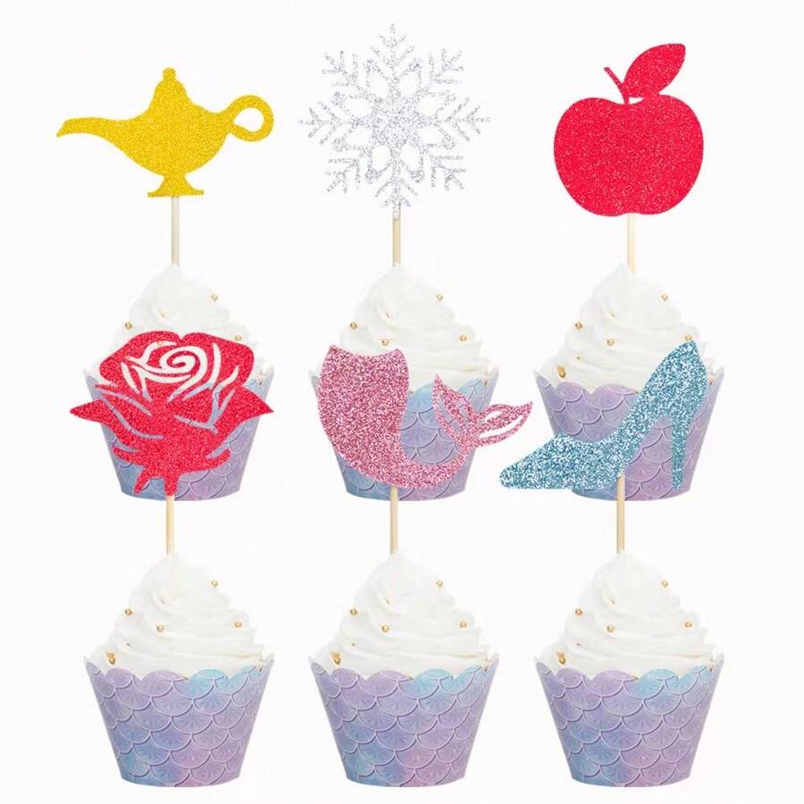 12pcs Princess Symbol Cupcake Toppers Apple Mermaid High Heel Snowflake ...