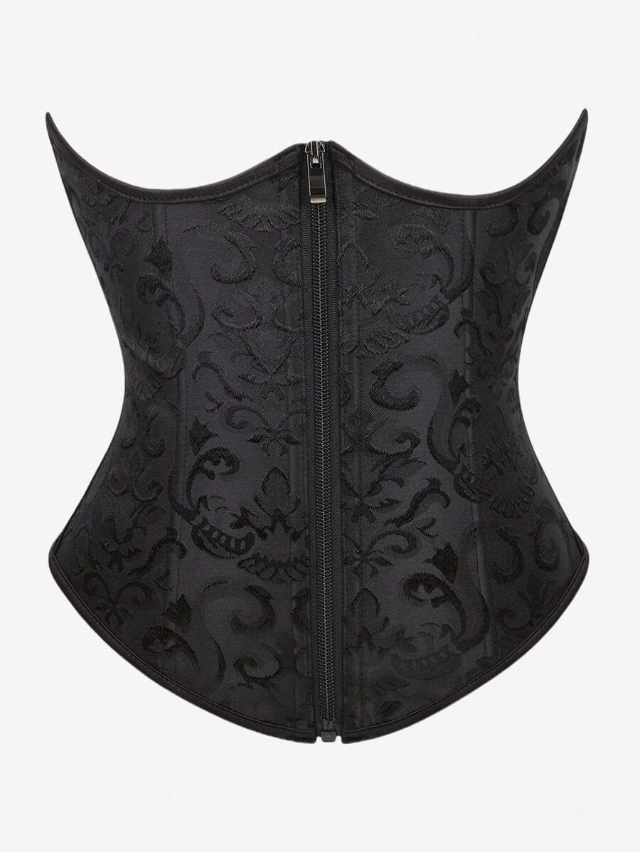 Underbust Corset With Jacquard Texture, Zippered Waist Cincher, Lace-Up ...