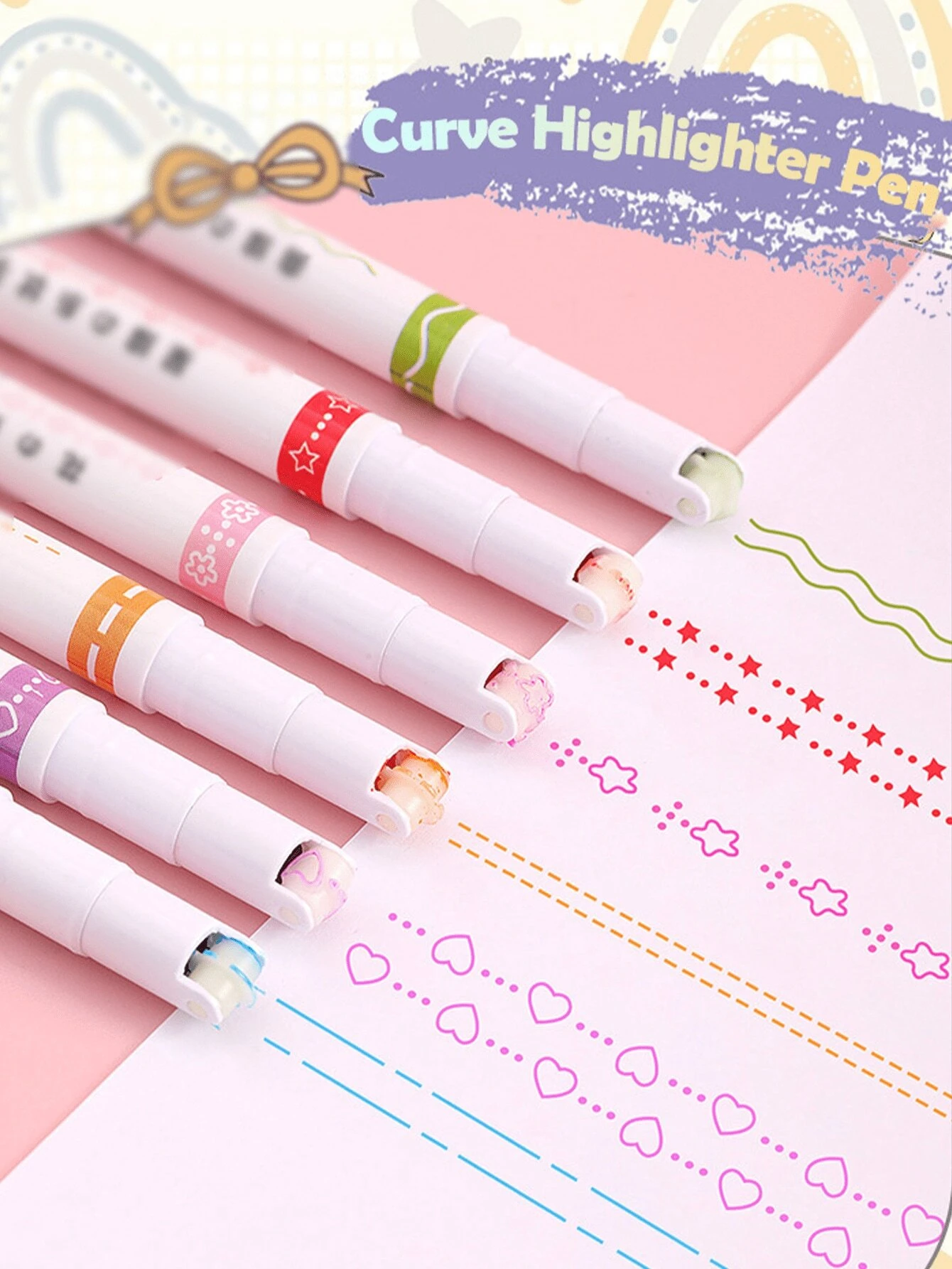 Stylo feutre fluorescent à bande washi incurvée et colorée, stylos à ...