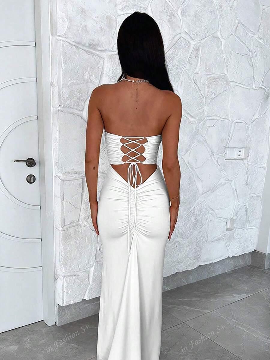 1pc Sexy Backless Drawstring Ruched Slit Dress For Women, Suitable For ...