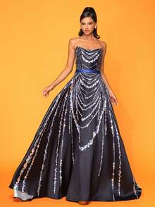 Neues elegantes Abendkleid mit Perlenkette und Blumenmuster, schwarzes ...