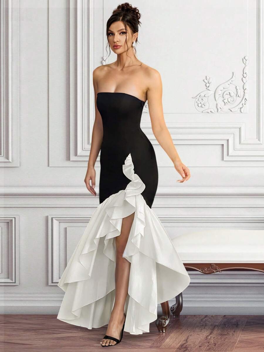Bandeau asymmetrisches Volant Saum Bandage Cocktailkleid, elegantes ...