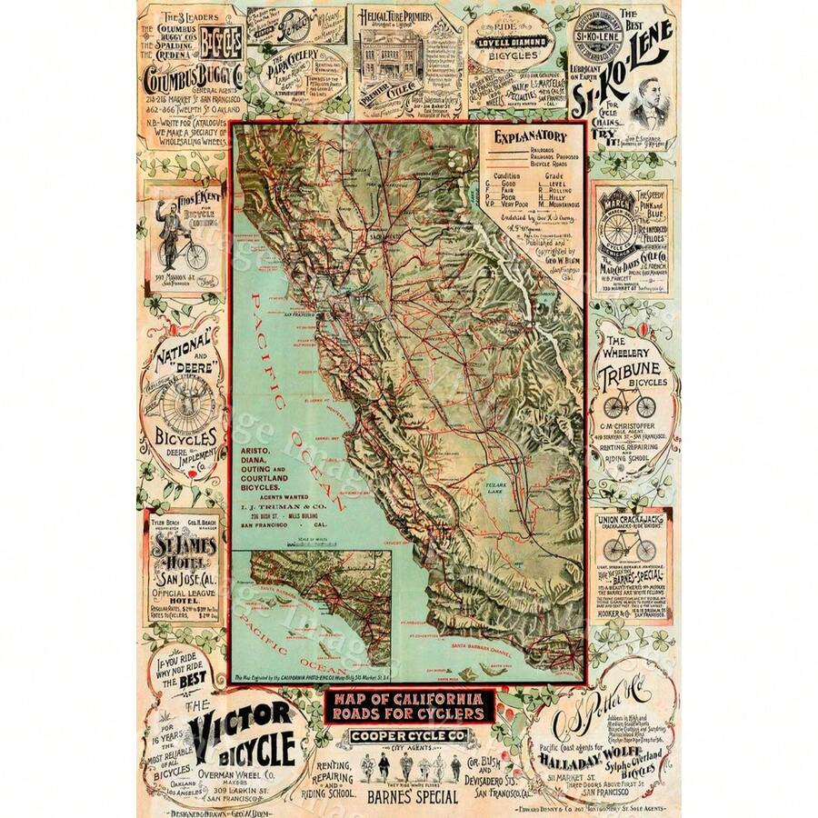 Vintage Imagery Giant 1895 Vintage Historic California Map Old ...