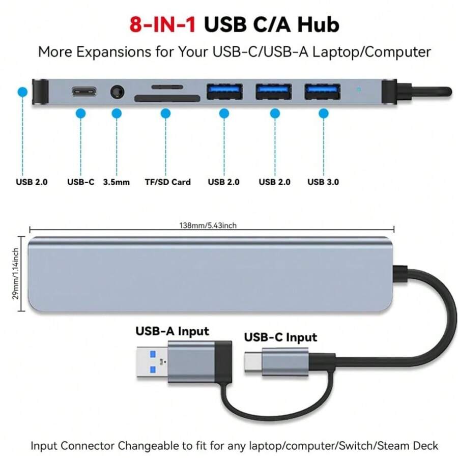USB Hub, Dual Purpose Hub With USB And Type C Interfaces, 8-Port USB C ...