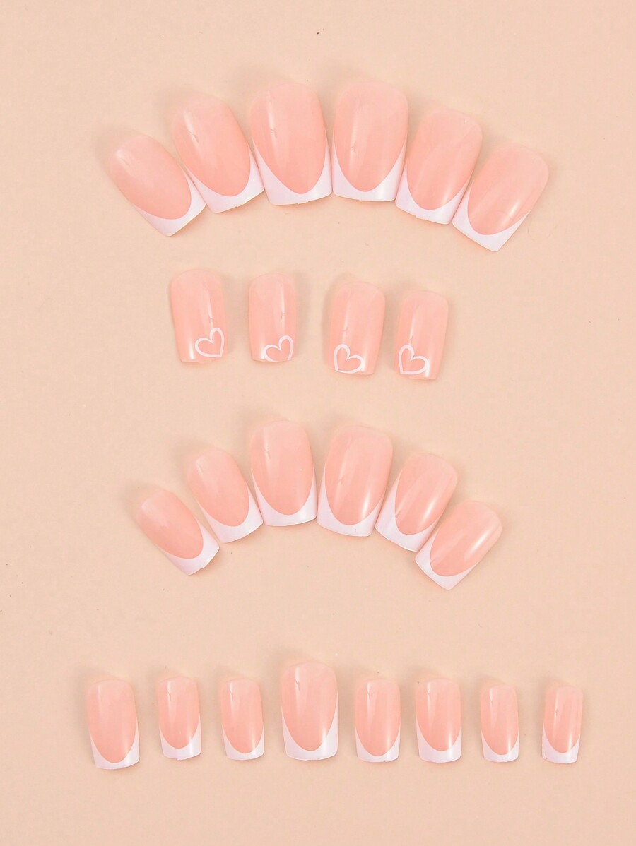 24 Pcs Short Pink French Tip Heart Nail Decals With Press-On Adhesive ...
