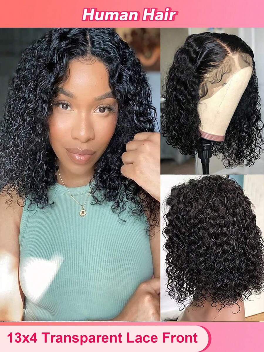 Perruque bob bouclée en cheveux humains 13x4, bouclée court et mouillé ...