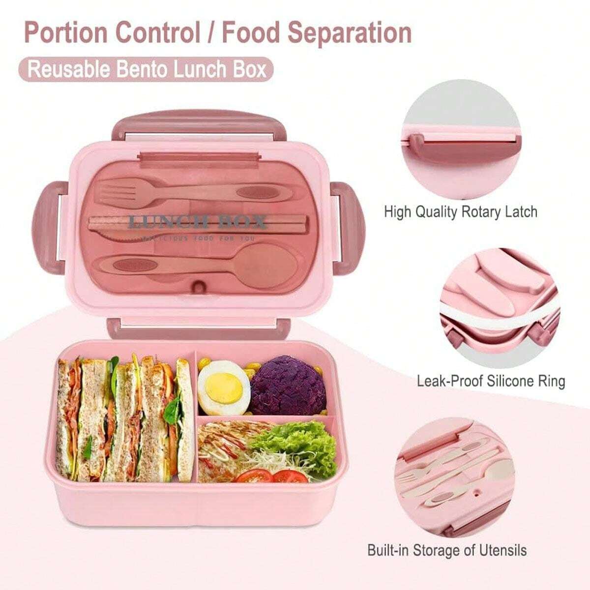 One, Adult Bento Box, 1200ml Adult Lunch Box, Leak-Proof Lunch Box With Cutlery, Pp Material, 3 ...