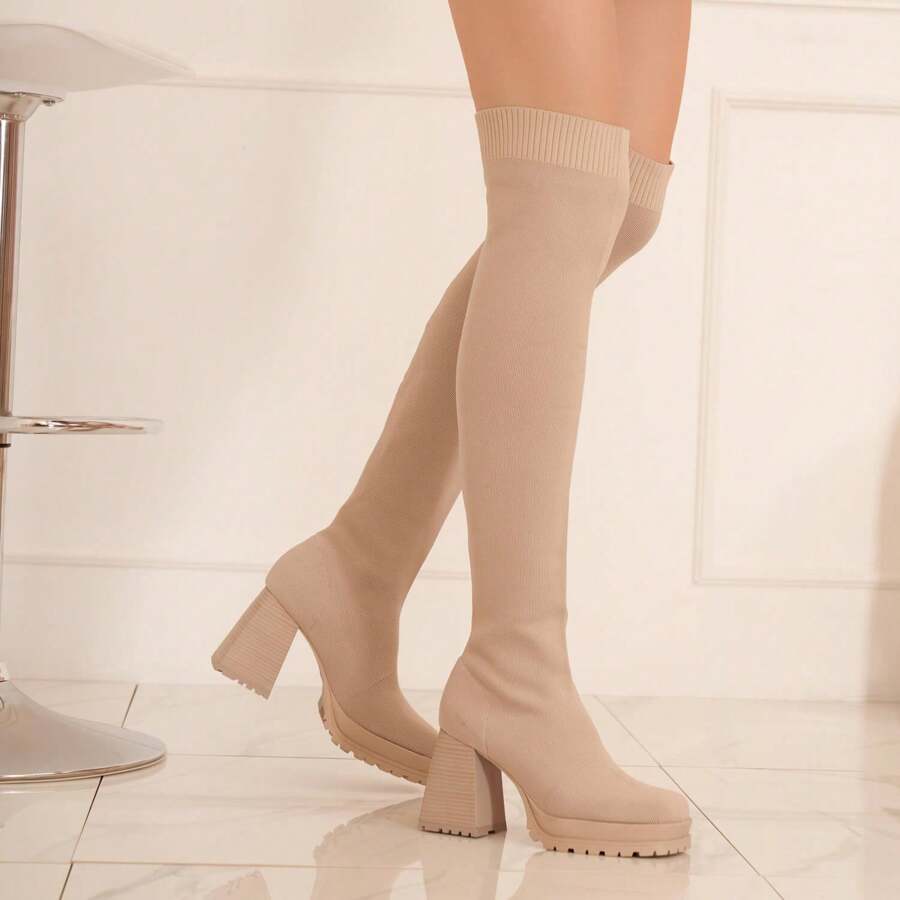Thigh-High Boots In Ribbed Stretch Fabric – Block Heel And Platform ...