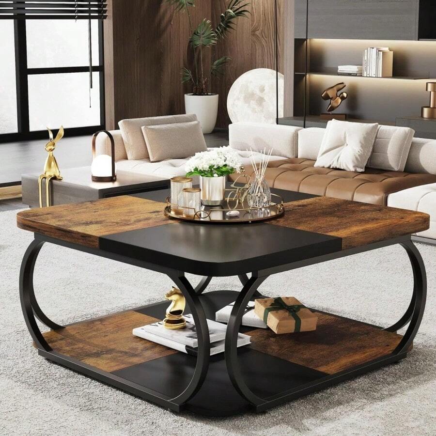 Tribesigns 40 Inch Square Coffee Table Two Tier Wood Storage Rustic ...
