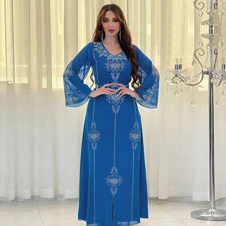 Saudi Arabia Fashion Crystal Embellished Chiffon Maxi Dress, Women ...