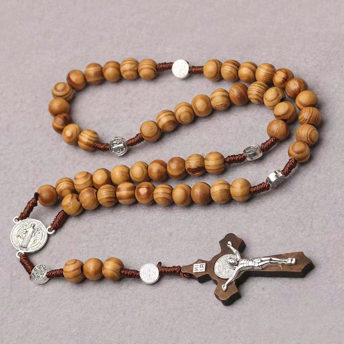 Catholic Wooden Beaded Necklace, Women Christian INRI Cross Pendant ...
