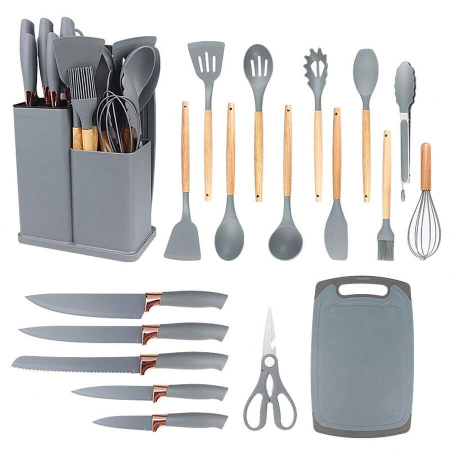 19pcs Silicone Kitchen Utensil Set, Stainless Steel Handle Cookware ...