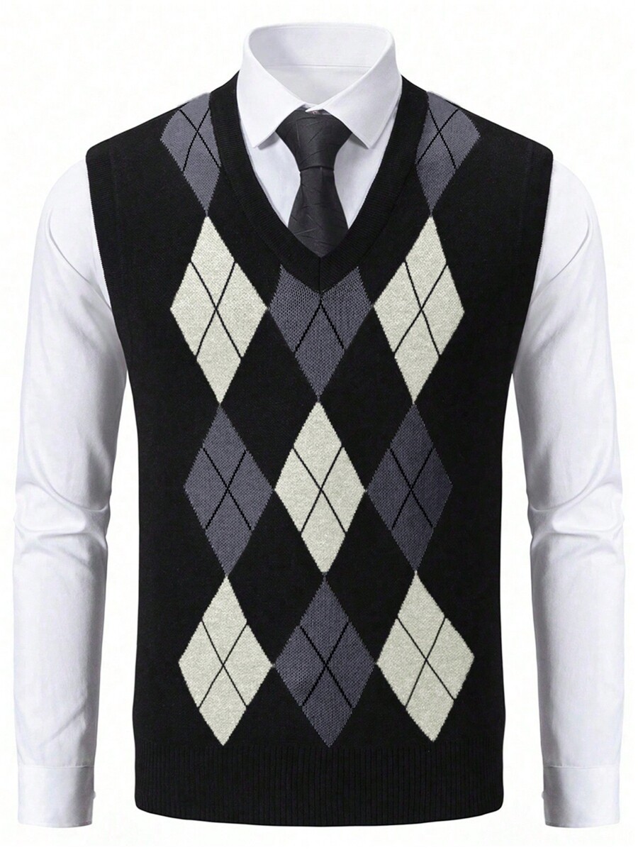 Men's Rhombus Pattern Knit Random Arrangement Sleeveless Sweater Vest, Casual Crew Neck Pullover ...