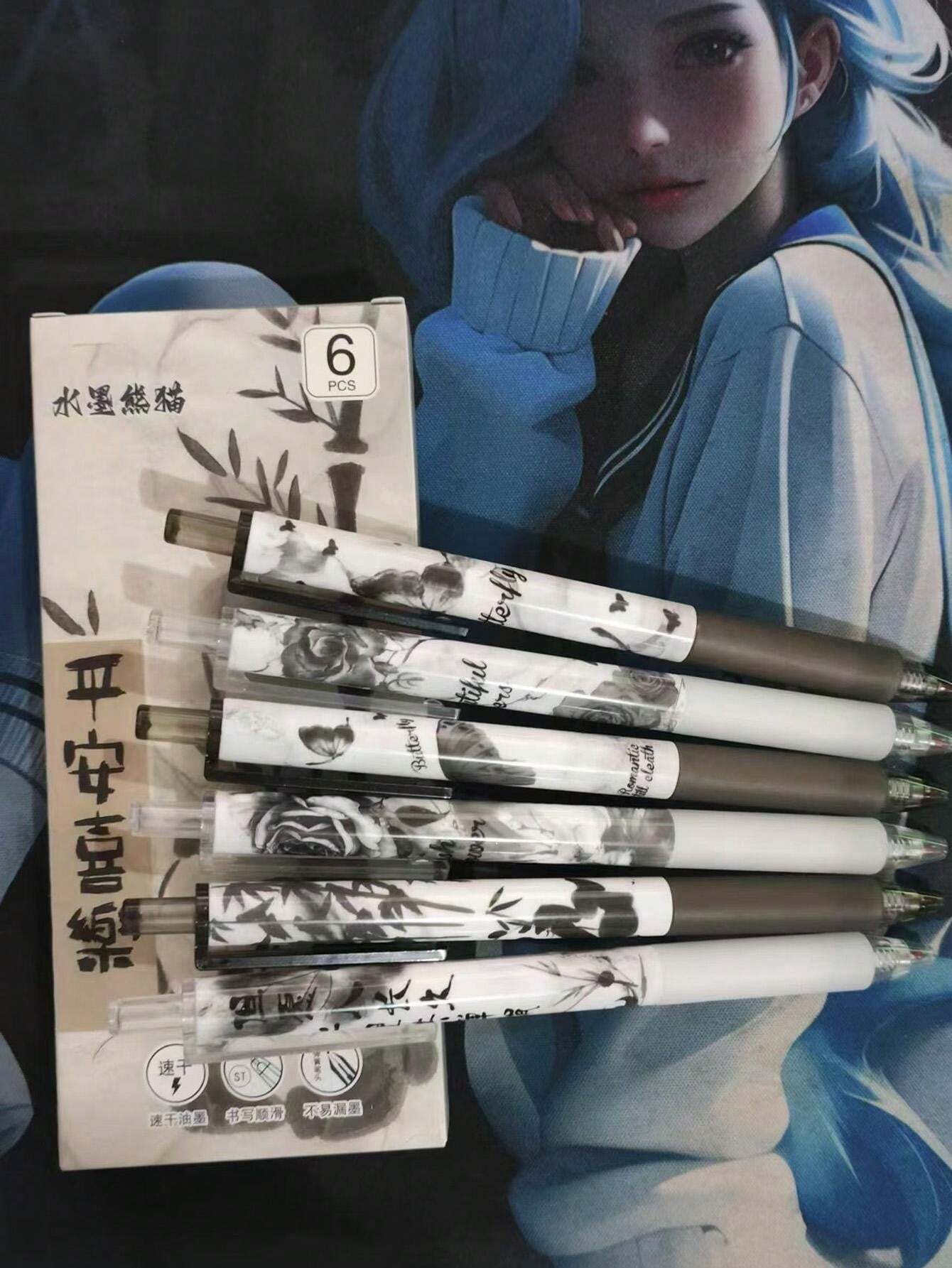 6pcs Retro Style Telescopic Pens, Chinese Style Panda Black Ink Pens, 0 ...