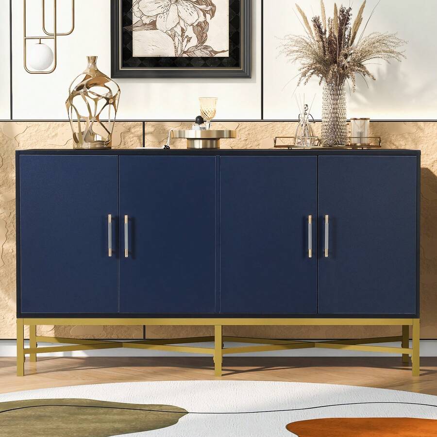 Four-Door Sideboard With Metal And Cross-Leg Design, Modern Storage ...