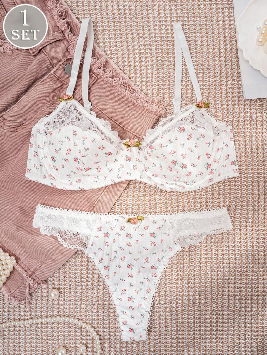 1pc Women's White Floral Lace Trim Brassiere Set Two Pieces Set Women 2 ...