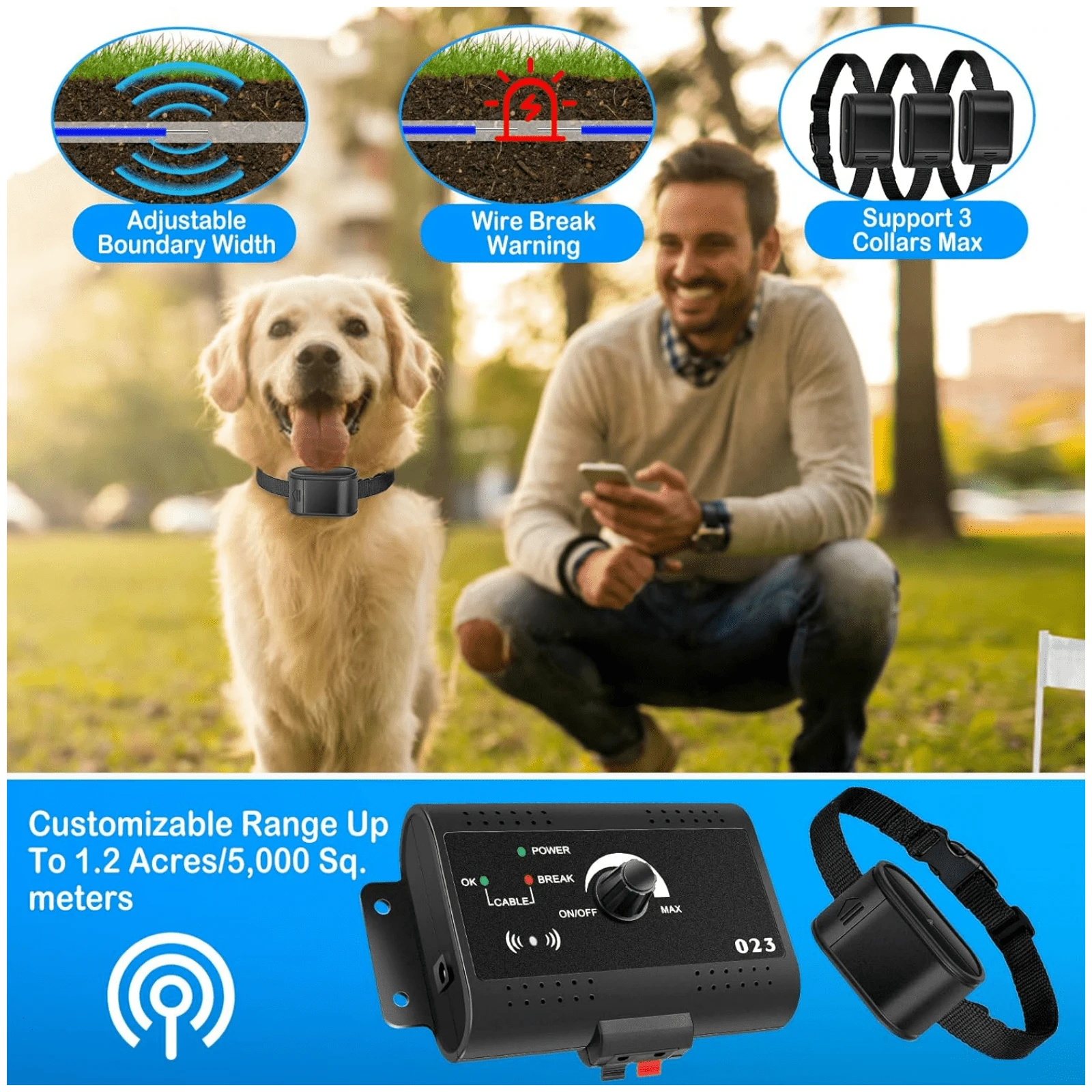 Electric Dog Fence System-Wireless Dog Fence Covers 1.2 Acre Pet Boundary Containment System 2 ...