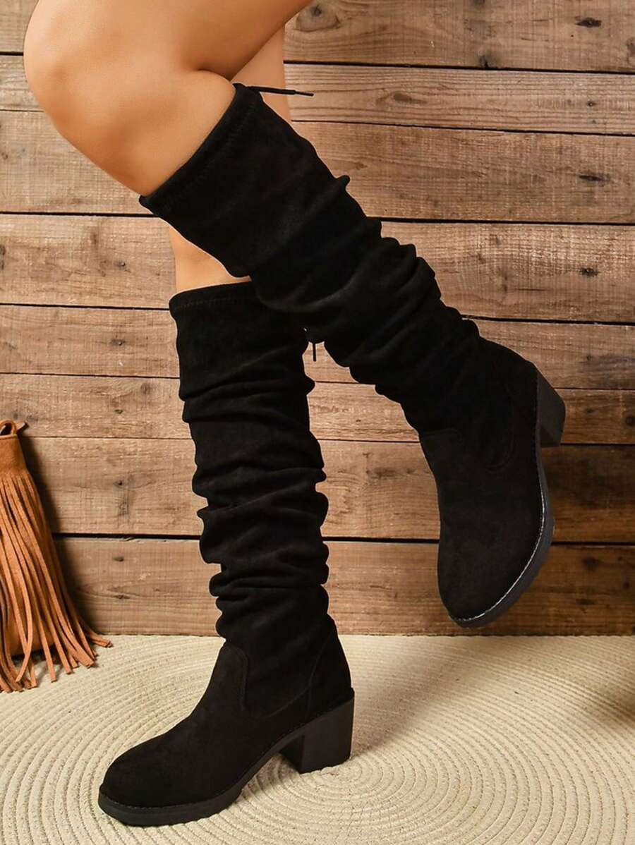 Bottes hautes pour femmes, bottes noires hautes, design de tige plissée ...