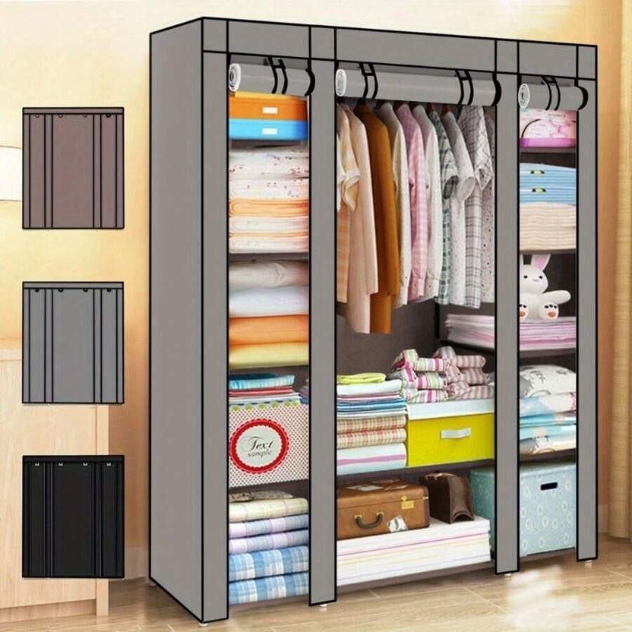 PRACTICAL FABRIC CANVAS WARDROBE HANGING RAIL SHELVING CLOTHES STORAGE ...