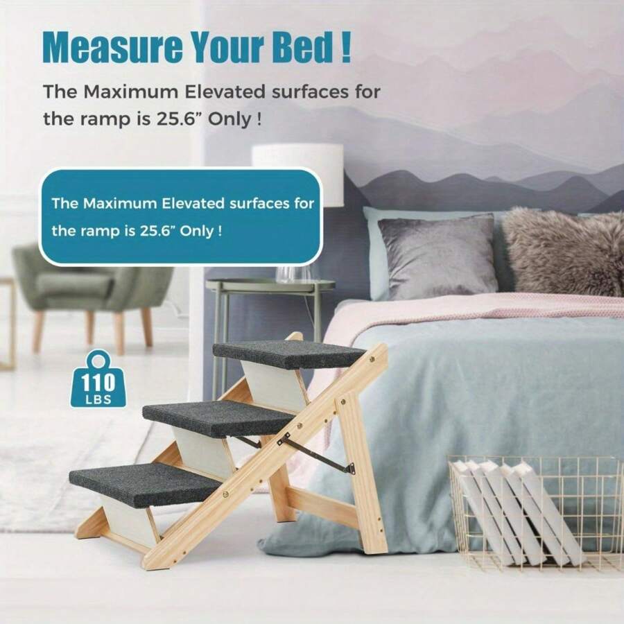 Wood Pet Stairs/Pet Steps - Foldable 3 Levels Dog Stairs & Ramp Perfect ...