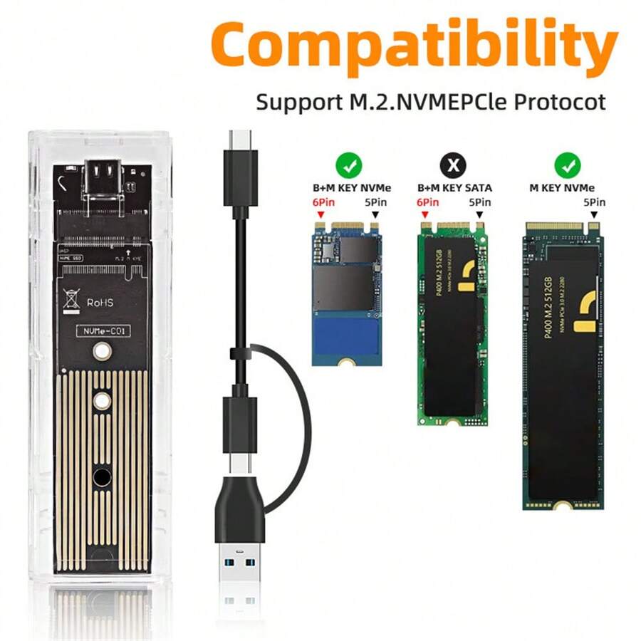 Clear USB Type-C 10Gbps PCI-E M.2 NVME SSD Enclosure, Supports M.2 NVME ...