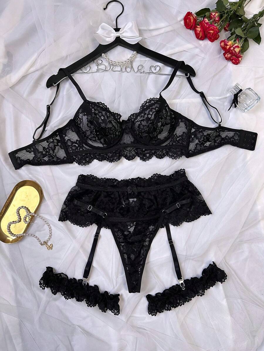 4pcs Womens Sexy Black Lace Floral Hollow Out Lingerie Set Intimate
