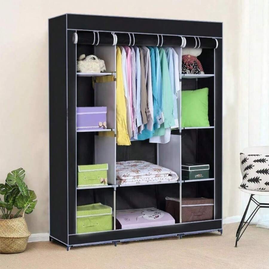 PRACTICAL FABRIC CANVAS WARDROBE HANGING RAIL SHELVING CLOTHES STORAGE ...
