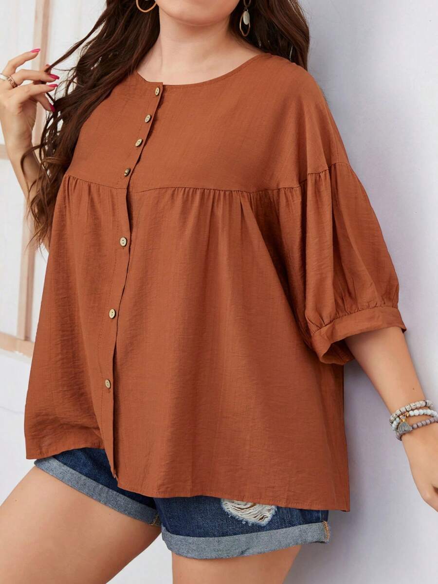 Plus Size Round Neck Ruffle 3/4 Sleeve Button Up Blouse | SHEIN USA