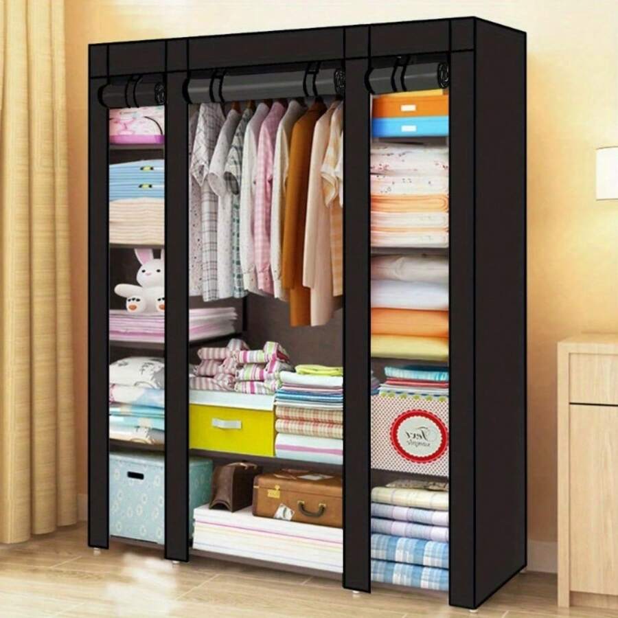 PRACTICAL FABRIC CANVAS WARDROBE HANGING RAIL SHELVING CLOTHES STORAGE ...