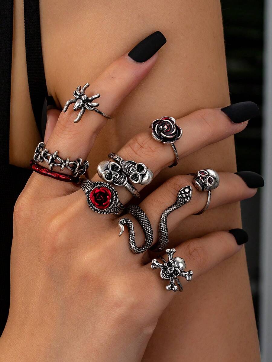 9 Pcs Gothic Vampire Ring Set , Spider Snake Skull Skeleton Stacked ...