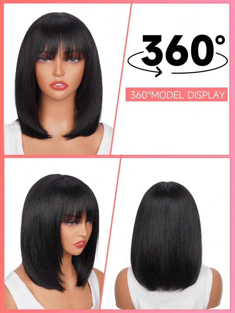 Perruque bob droite noire naturelle réaliste avec frange, coupe en ...