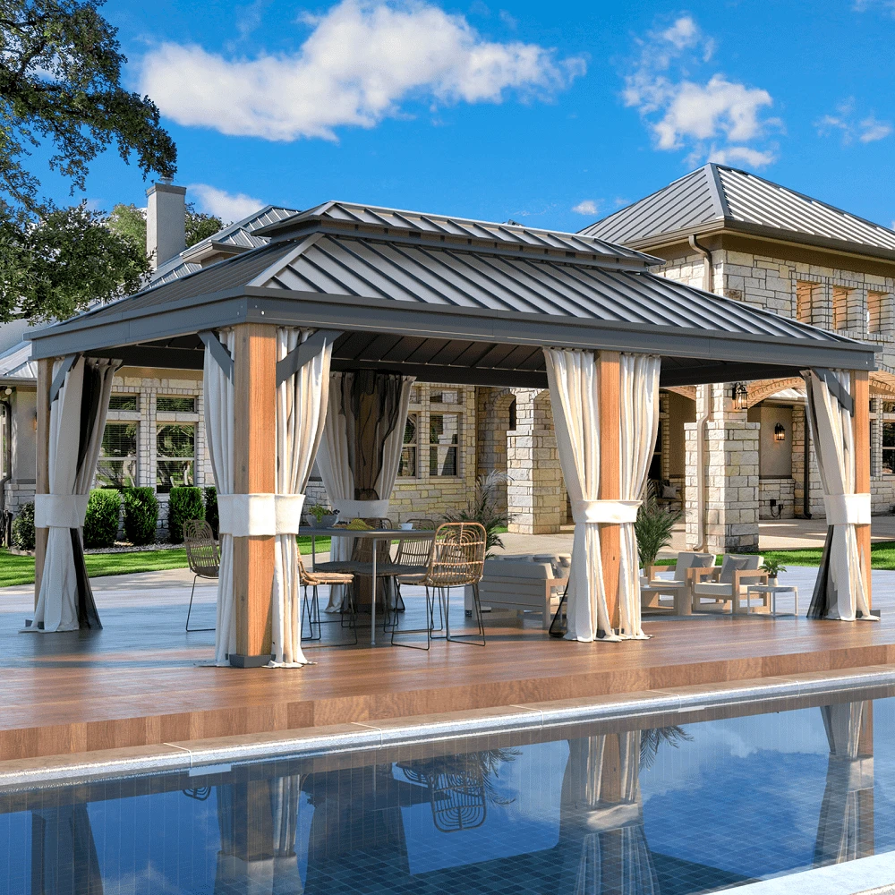 12'x20' Ultra-Thick Columns And Beams Hardtop Gazebo With Faux Wood ...