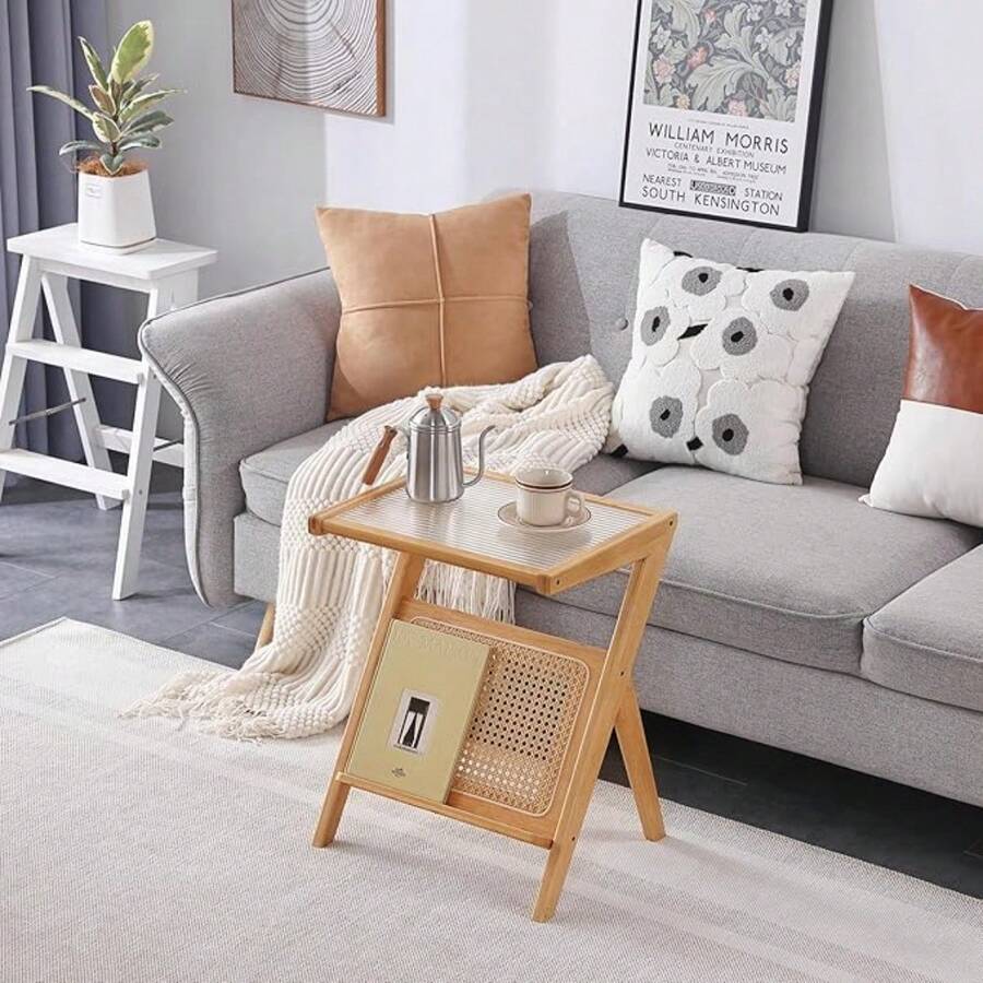 Rattan Side Table, Mid Century End Table Modern Bamboo Accent Bedside ...
