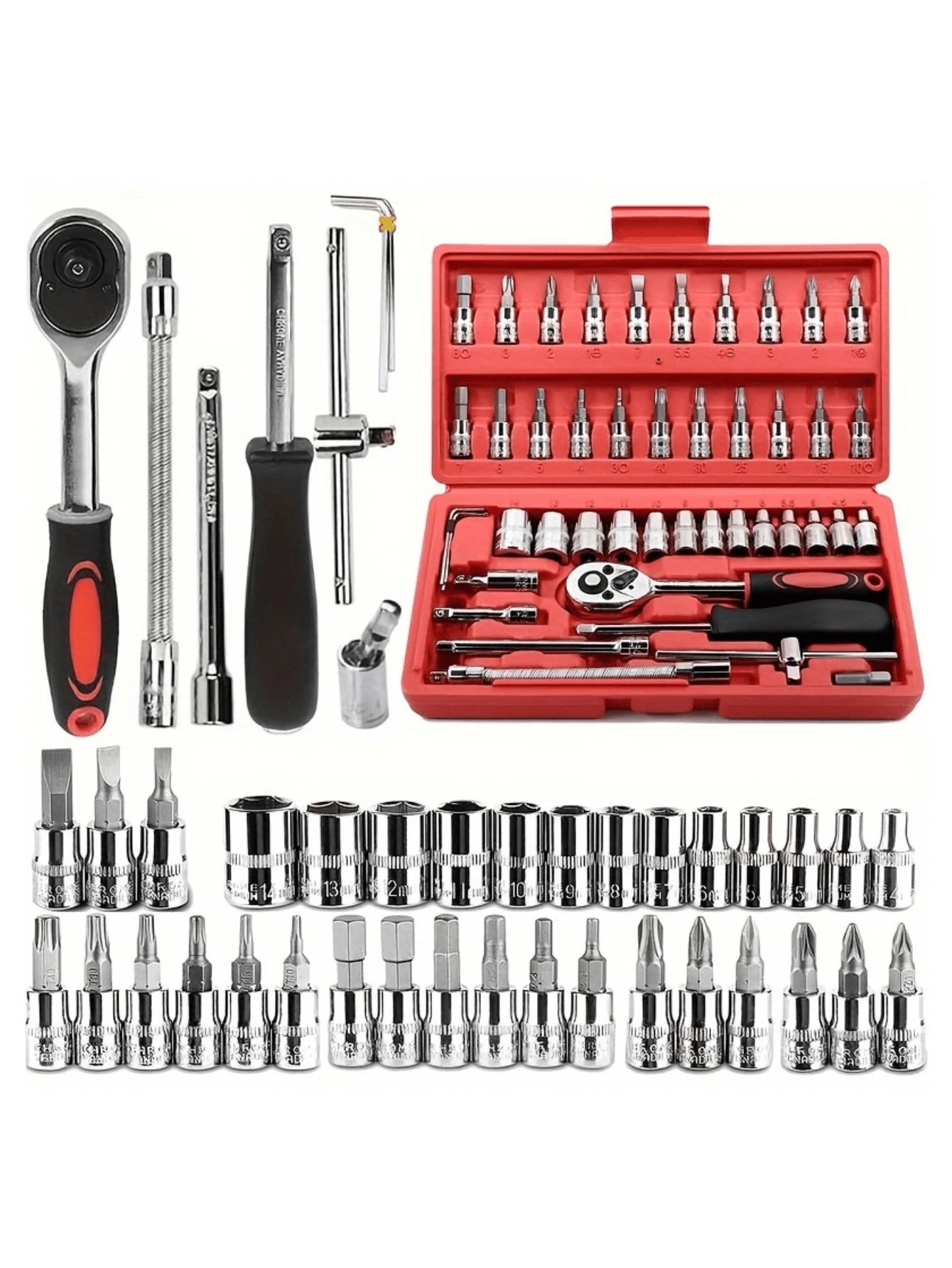 46 Piece Tool Kit Socket Set Reversible Ratchet Wrench With Case ...