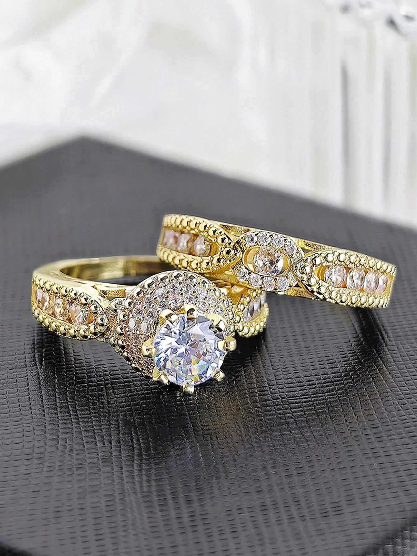 MOONSO Luxury Halo Gold Silver Color Bride Wedding Ring Set For Women ...