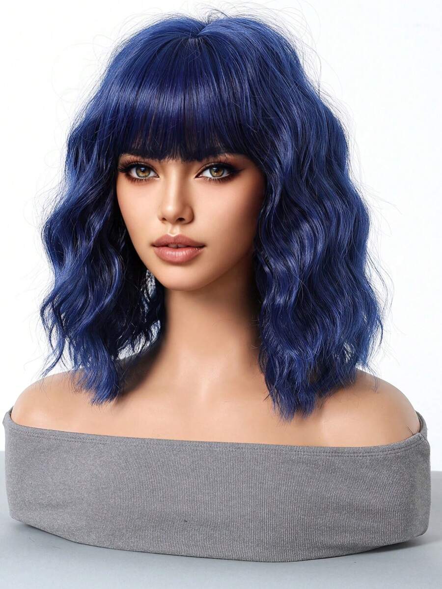 Synthetic Heat Resistant Wigs Short Wavy Bob Wig. Blue 14-Inch Winter ...