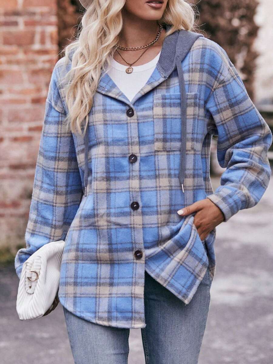 Contrast Hood Plaid Shacket | SHEIN USA