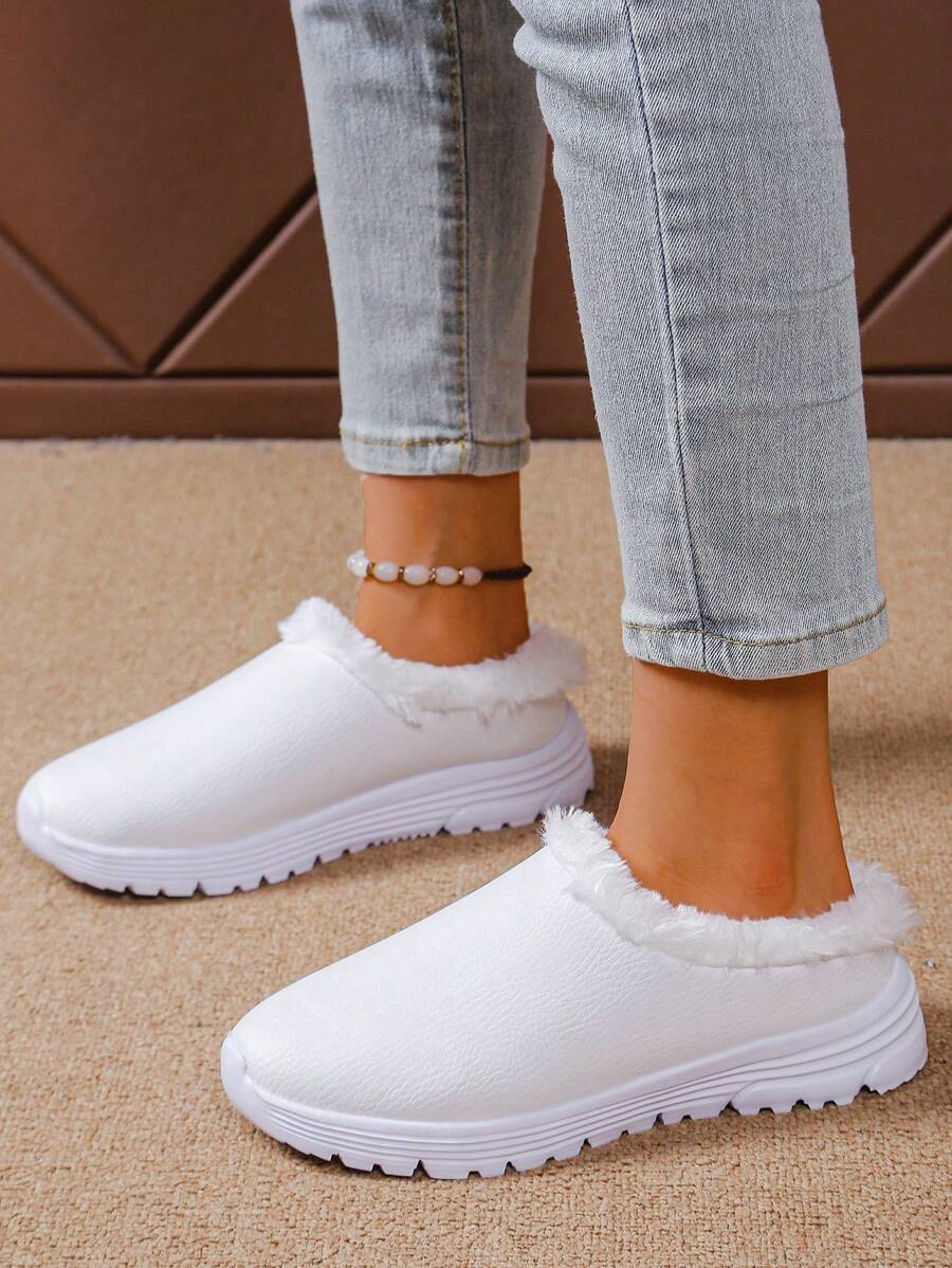 Women's White Closed Toe Mules, Winter New Plush Warm Fuzzy Faux Fur ...
