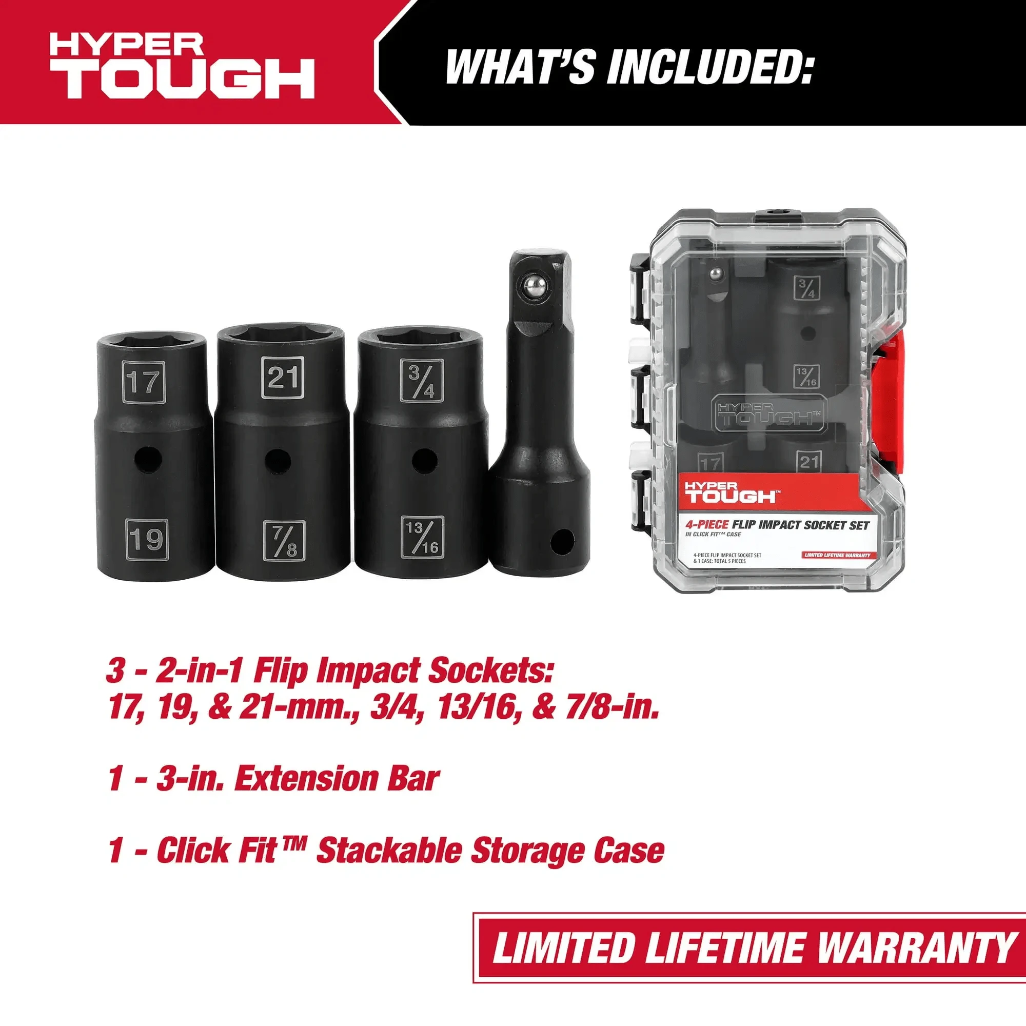 Hyper Tough 4-Piece Flip, Click Fit Mechanic Impact Socket And Ratchet ...