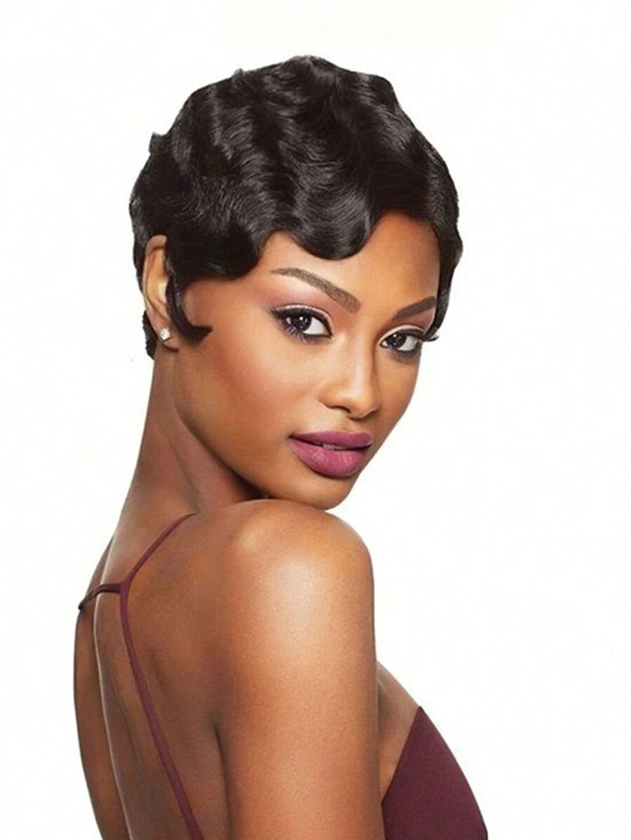 Women's Short Deep Wave 150% Density Finger Wave Pixie Cut Wig Remy ...